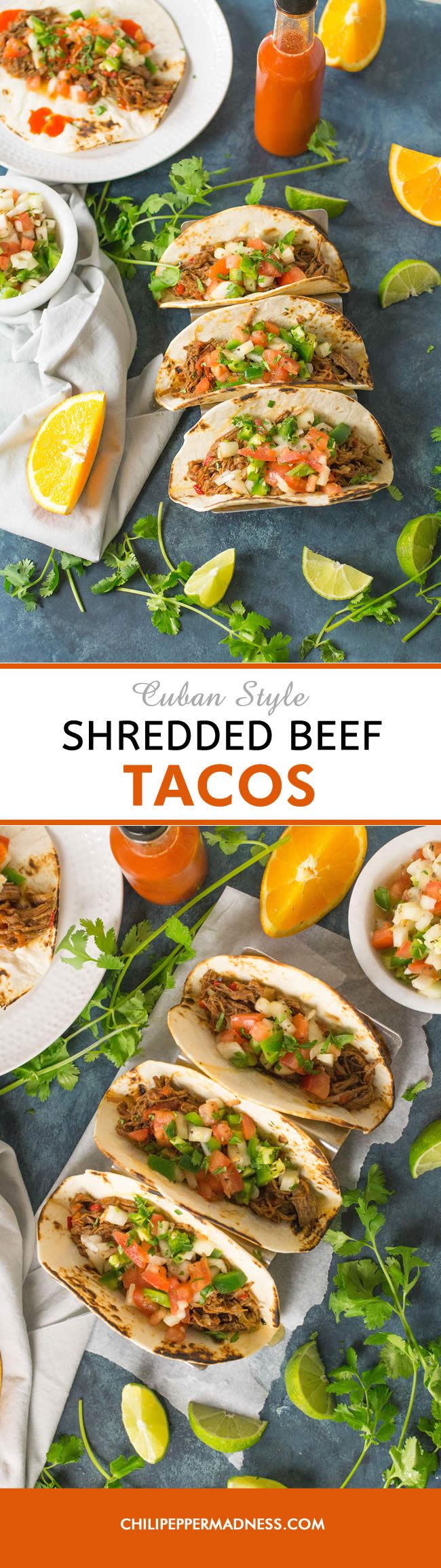 Cuban-Style Shredded Beef Tacos with Mojo Salsa - Chili Pepper Madness