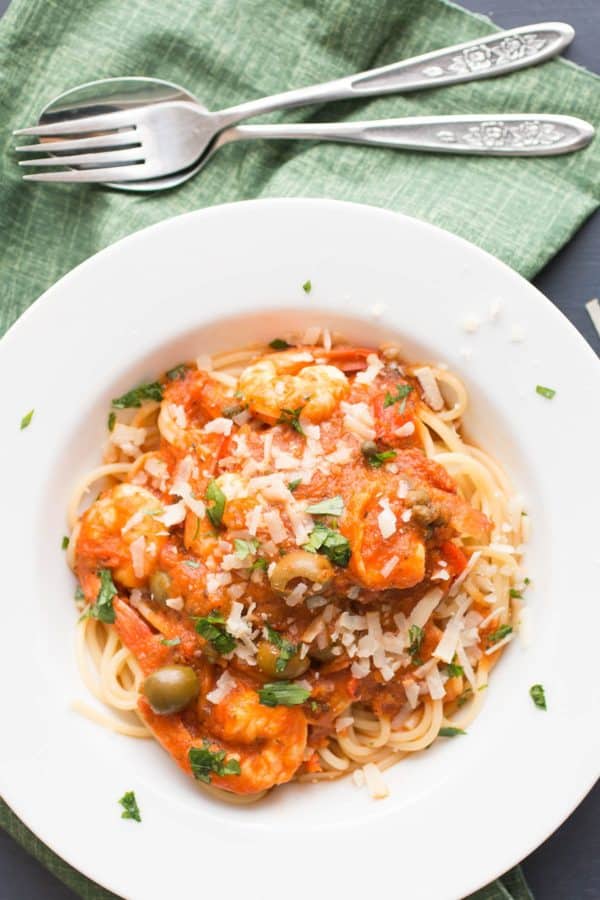 Pasta Puttanesca with Shrimp - Chili Pepper Madness