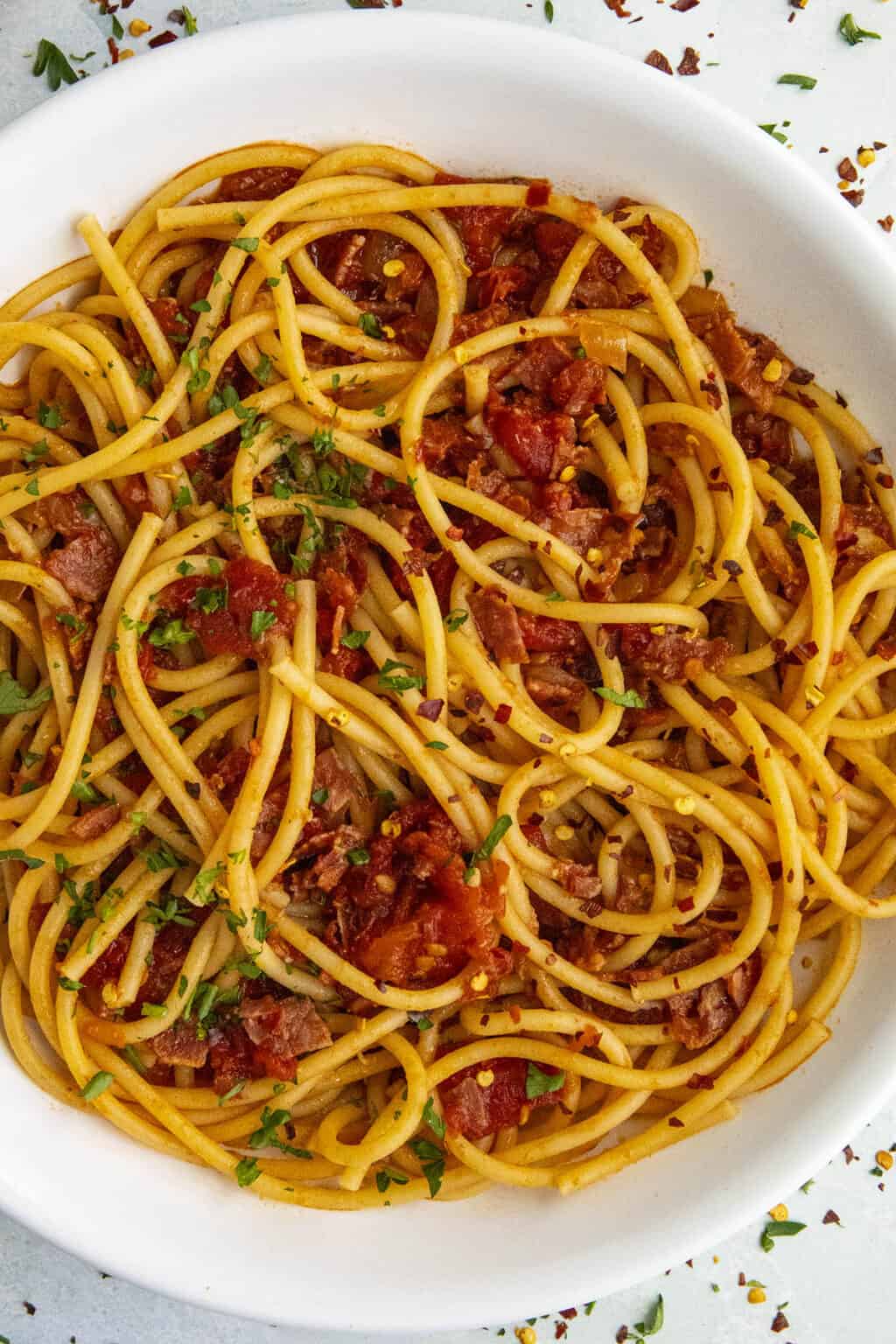 Bucatini all' Amatriciana (Spicy Italian Pasta) - Chili Pepper Madness